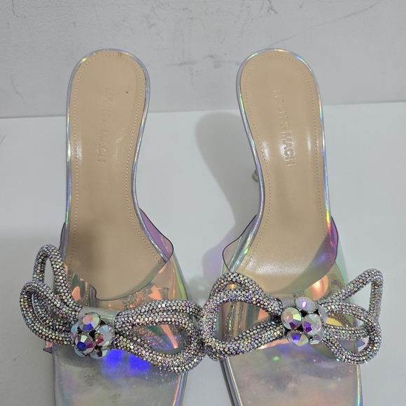 MACH & MACH | Shoes | Mach Mach Double Bow Iridescent Silver Pvc Mules ...